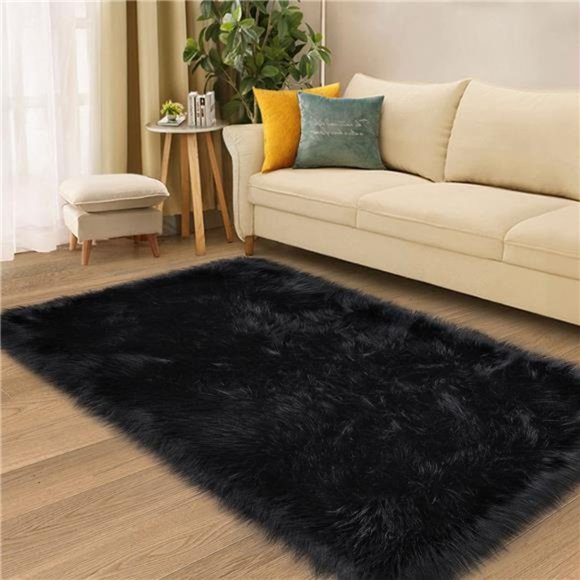 Accents | Soft Fluffy Area Rug Faux Fur Rug 3 X 5 Washable Rug Black ...